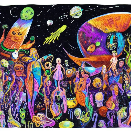 a lot of different human-like creatures dancing in s... | OpenArt