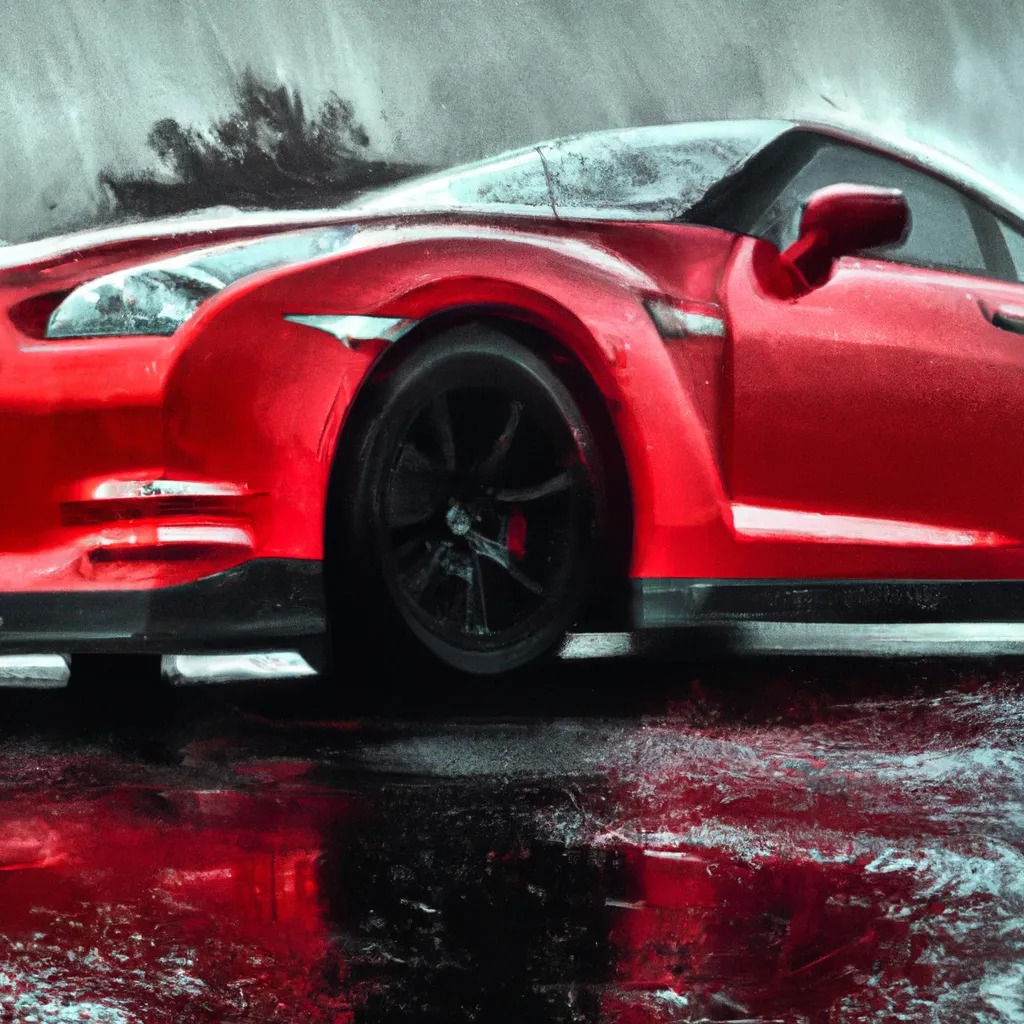 a red nissan gtr car parked in a parking lot on a ra... | OpenArt