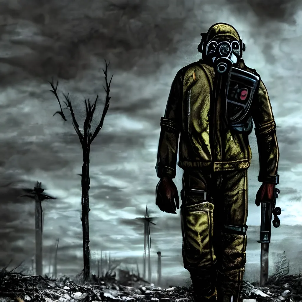 Male Survivor wearing a gas mask,a backpack and a tr...