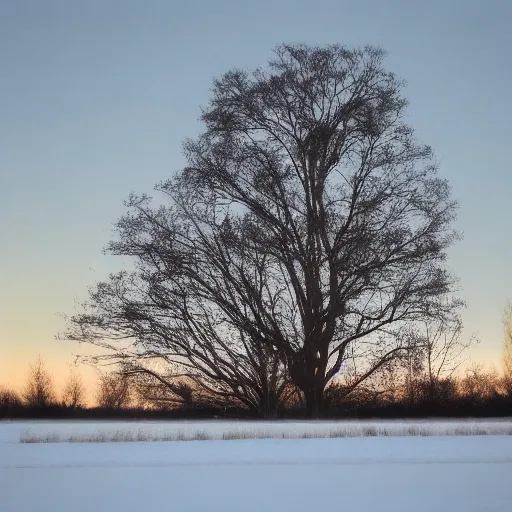 purple sunset, overcast, thin tall winter tree. even... | OpenArt