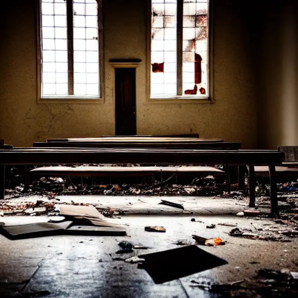 inside abandoned church, broken benches, moody light... | OpenArt