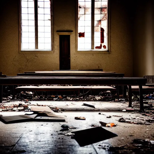 inside abandoned church, broken benches, moody light... | OpenArt