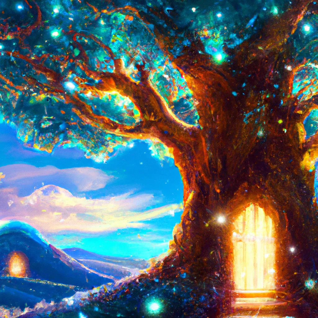 an oak tree with a magical door, a luminescent path... | OpenArt