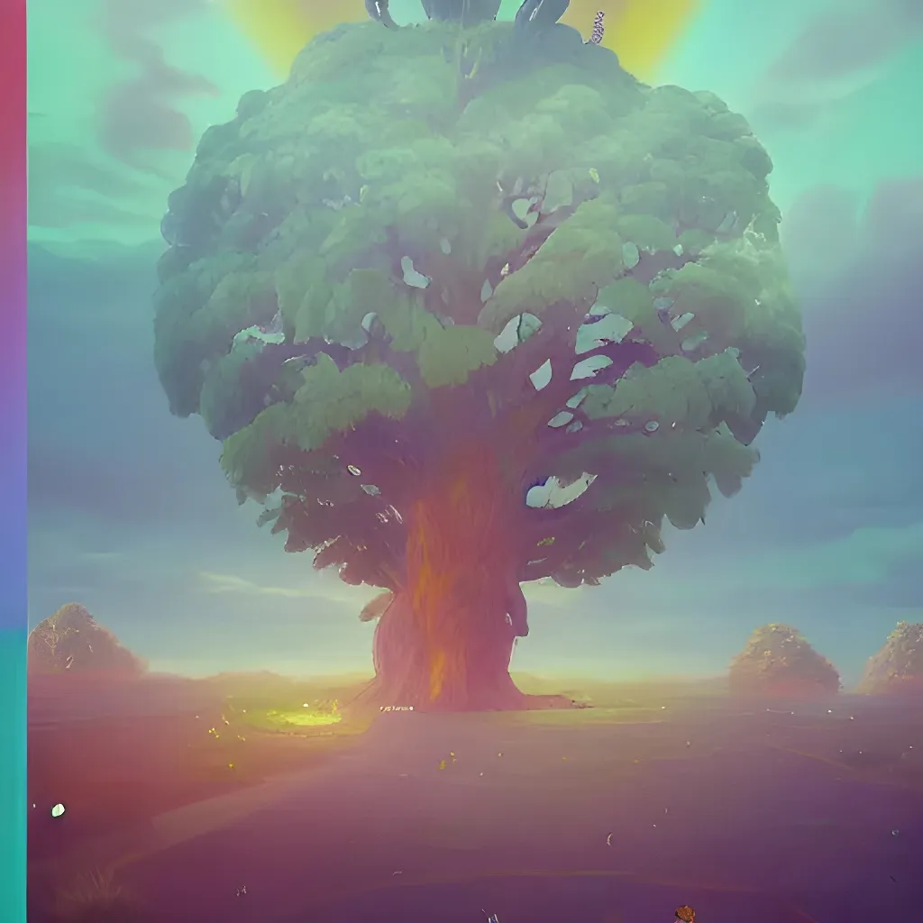 the world tree yggdrasil, clouds in the treetop, rai...