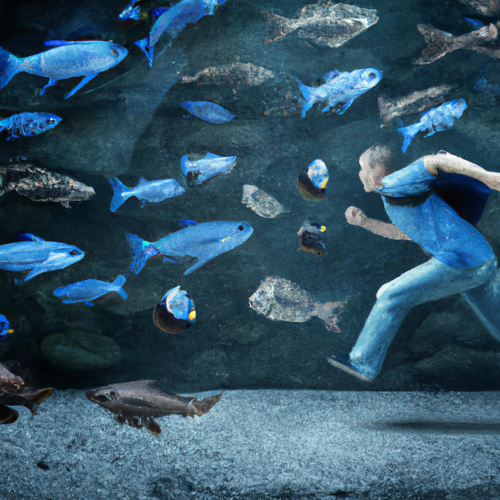 scary man running toward a school of fish in an aqua... | OpenArt