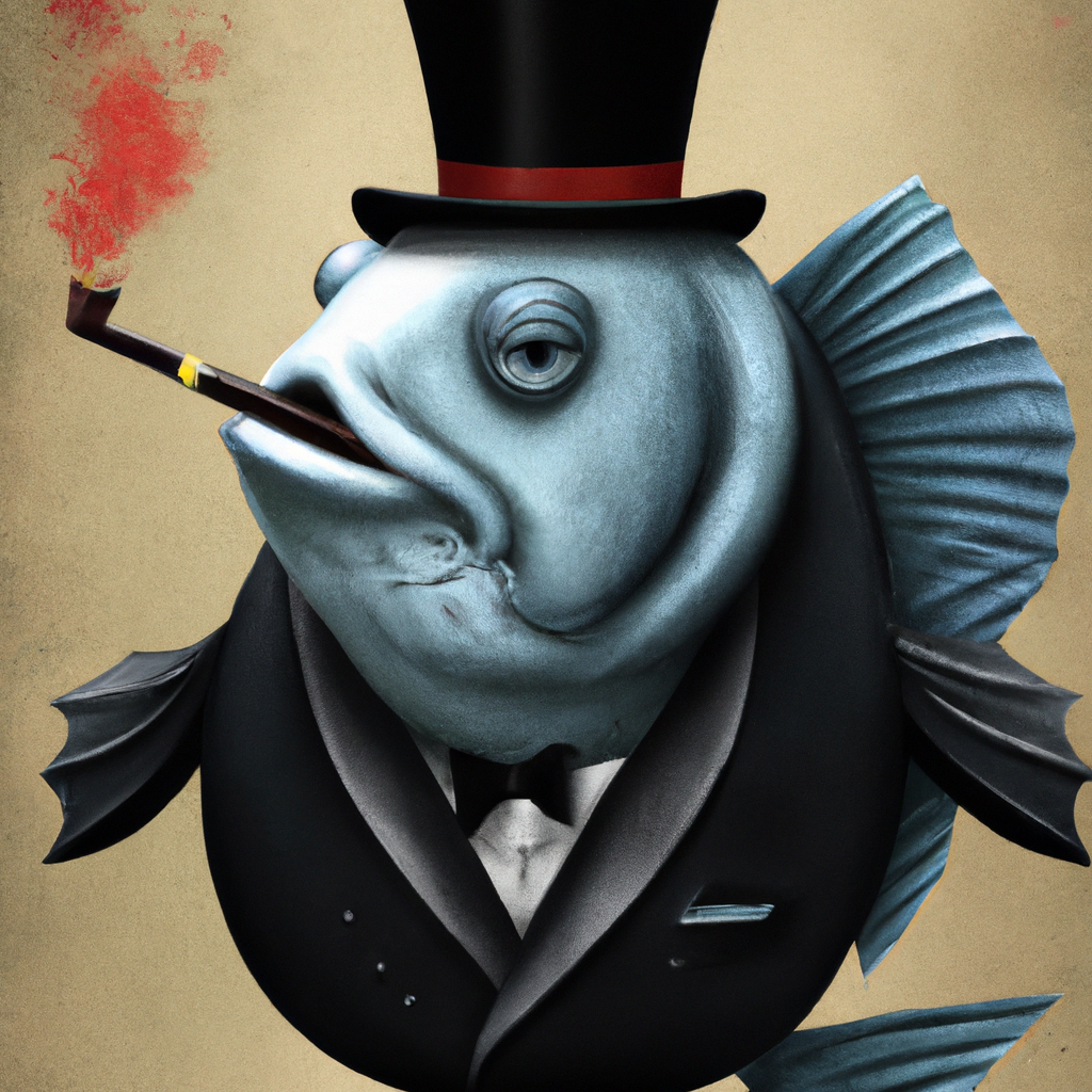 A very greedy fish, wearing a top hat and monocle. P...