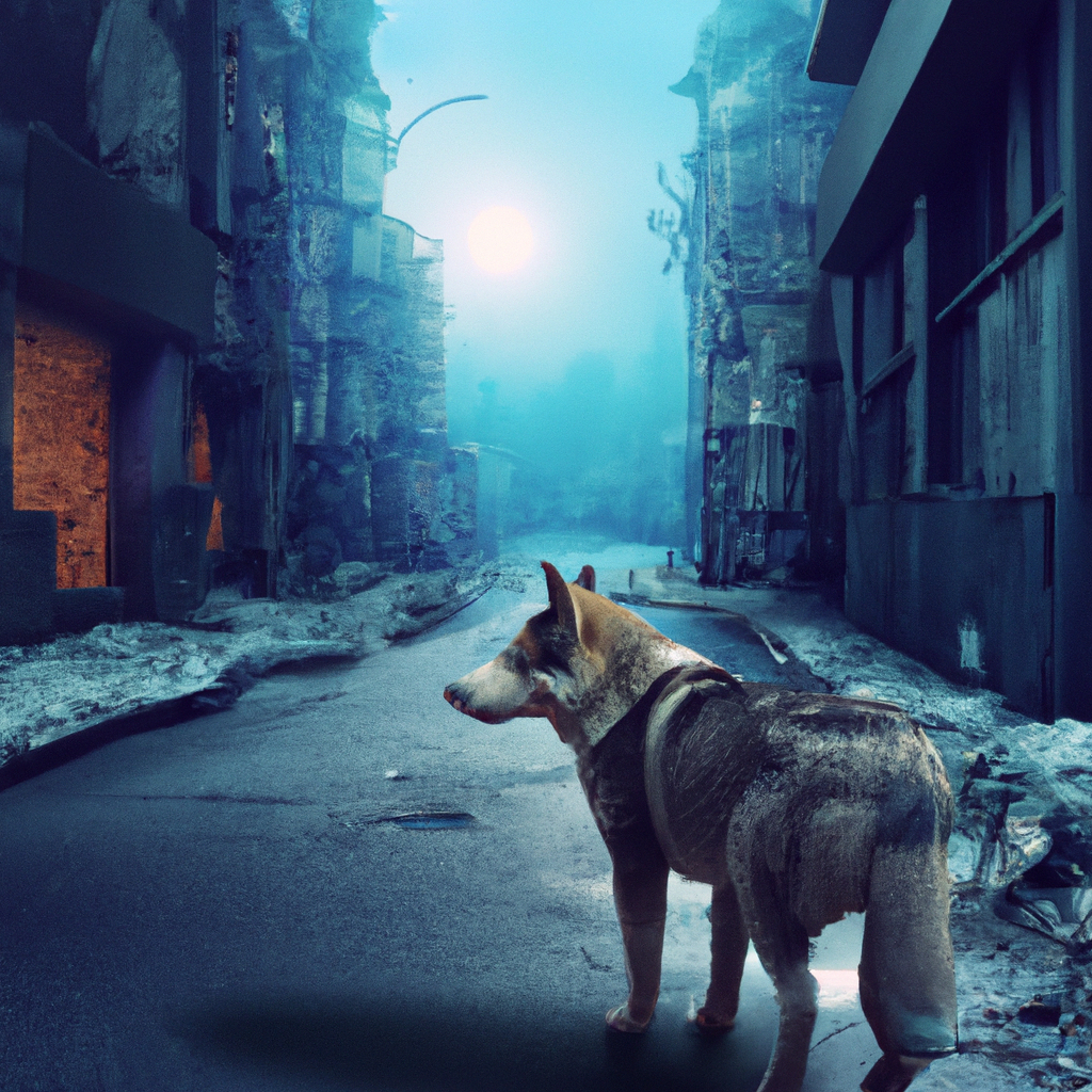 a dog walking in the city apocalypse | OpenArt