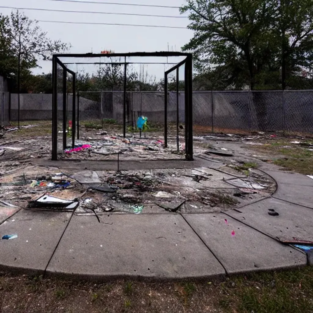 abandoned playground, broken glass, graffiti on wall...