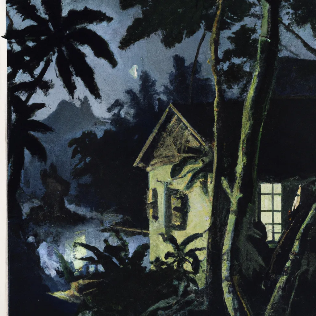 1800s painting of a house in tropical forrest at nig... | OpenArt