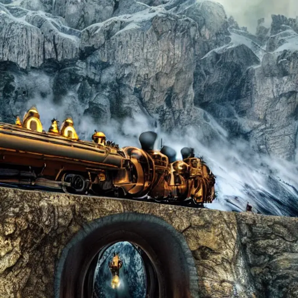 A fantasy steampunk jet train emerging from the tunn... | OpenArt
