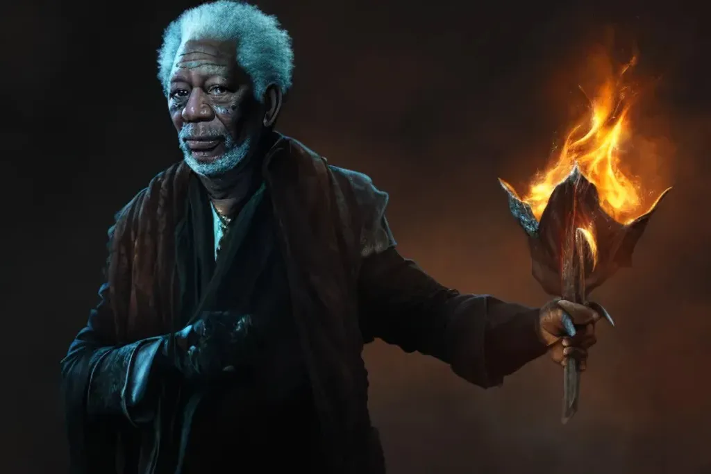 Morgan Freeman as a pyromancer, Mage, Sorcerer, 4K,... | OpenArt