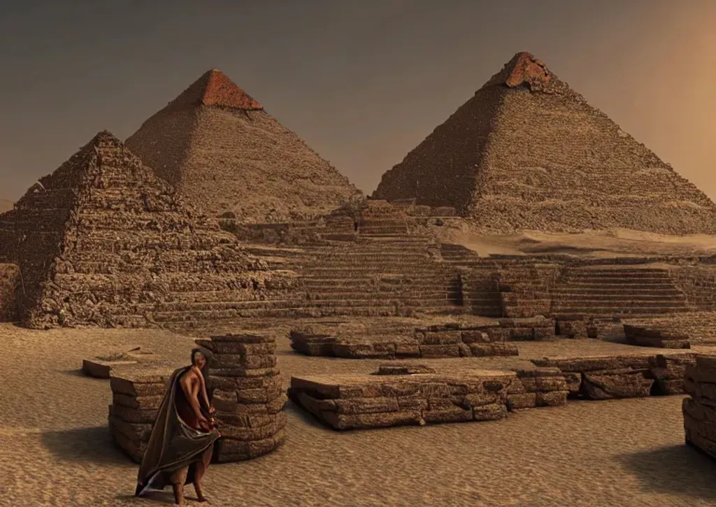 pyramids in ruines, sandy dessert, stairs, columns,... | OpenArt