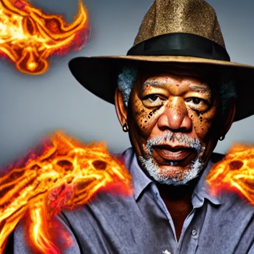 Morgan Freeman as a dark magician, angry, fire, 4K,... | OpenArt