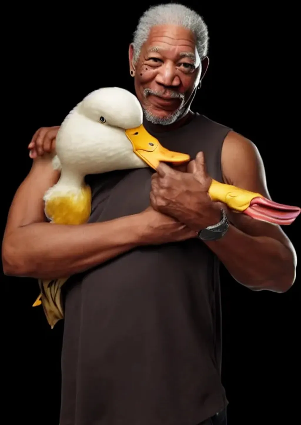Morgan Freeman holding a duck, yolked, muscle, 4K, 8... | OpenArt