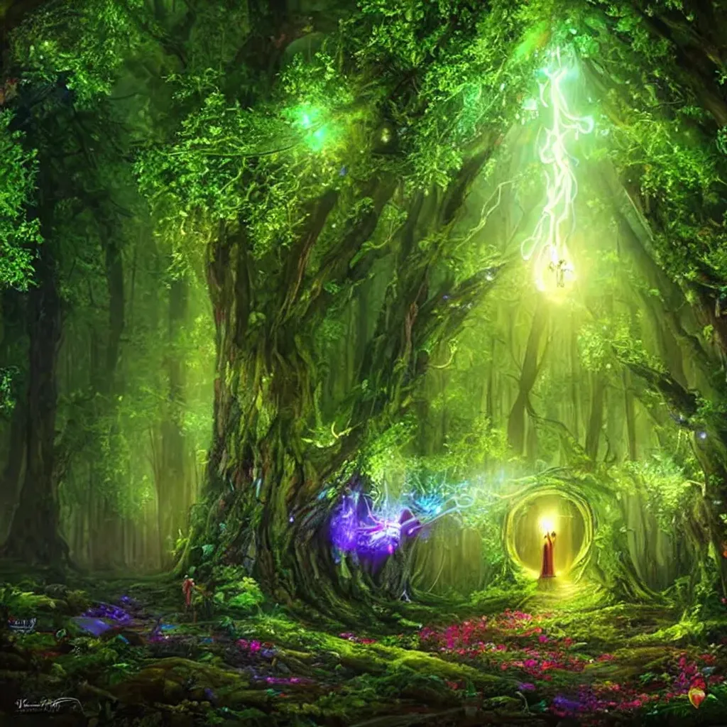 beautiful painting of a tree with fairies flying, gl... | OpenArt