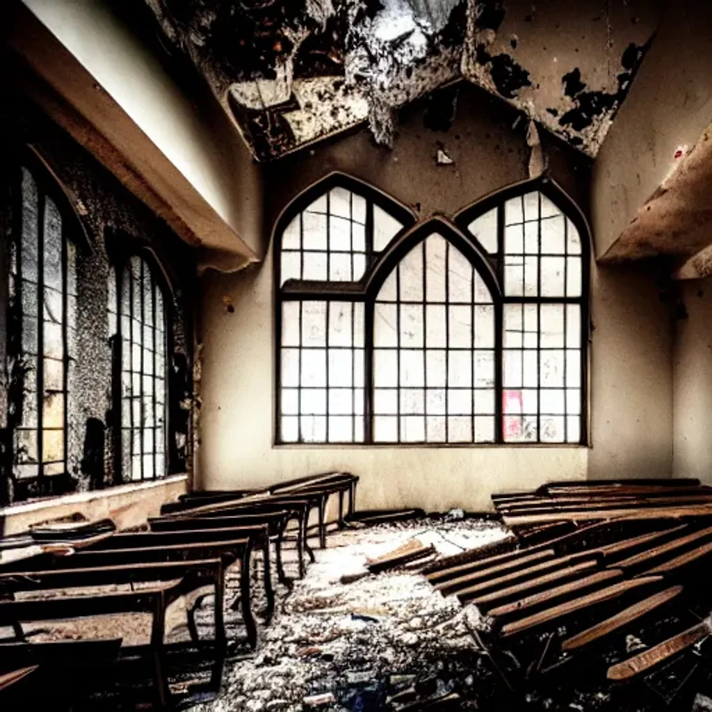 inside abandoned church, broken benches, moody light... | OpenArt
