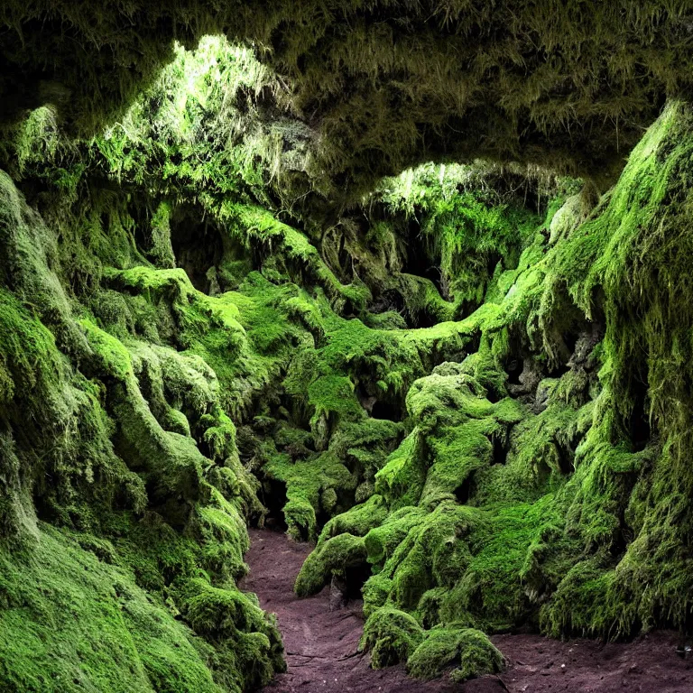 cave fully coated with moss and vines | OpenArt