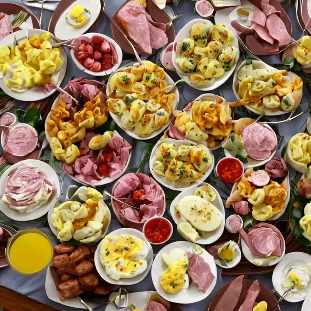 An Easter brunch spread with a variety of dishes, in... | OpenArt