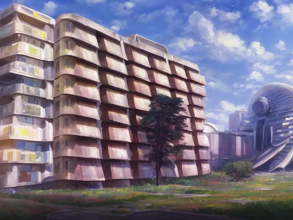Large multi-storey building at noon, anime, oil pain... | OpenArt
