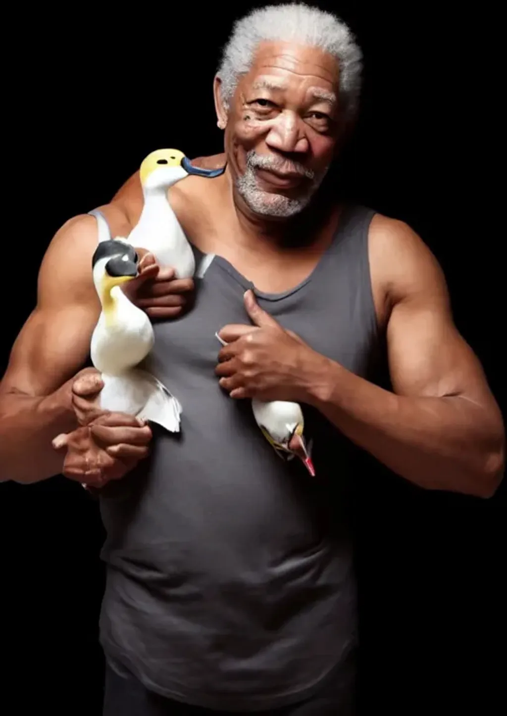 Morgan Freeman holding multiple ducks, yolked, muscl... | OpenArt