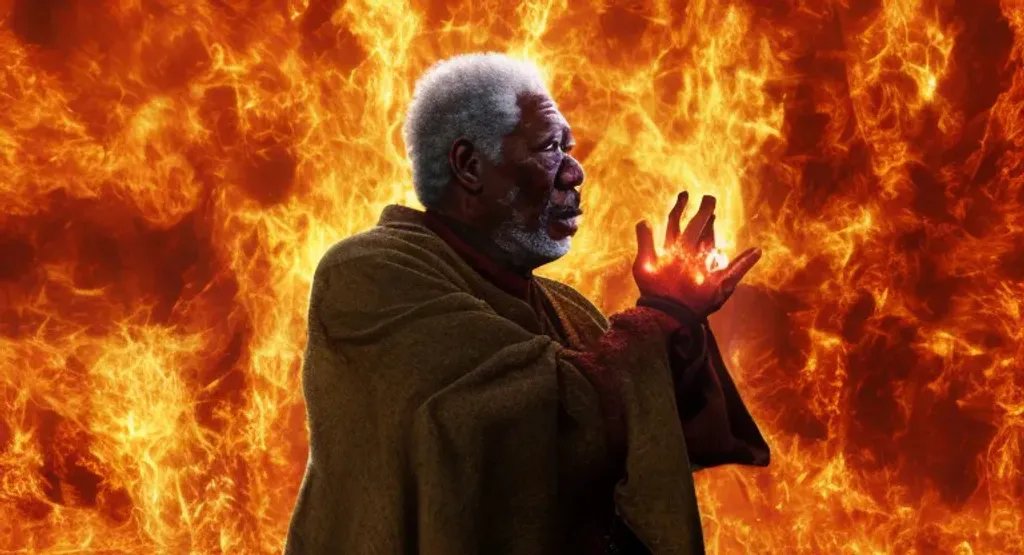 Morgan Freeman as a pyromancer, Mage, Sorcerer, 4K,... | OpenArt
