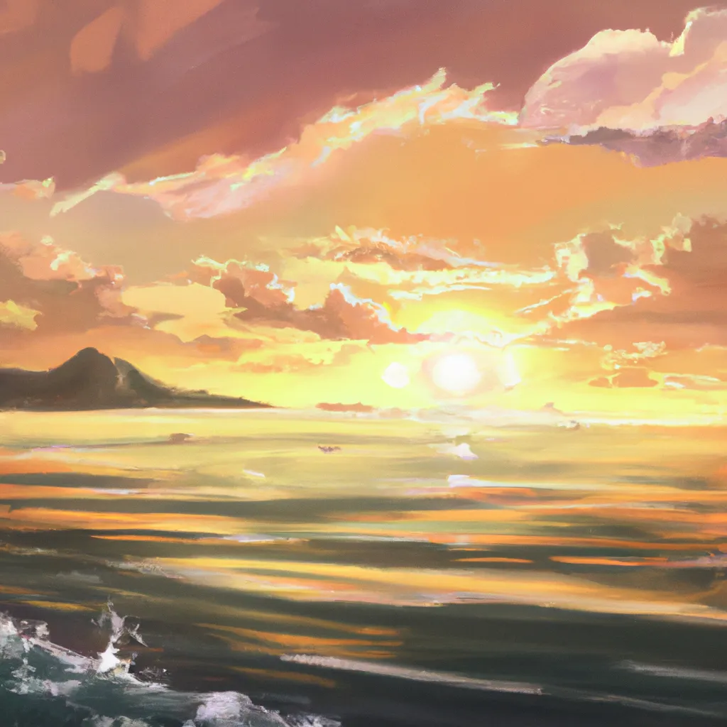 a painting of a sunset over the ocean, a matte paint... | OpenArt