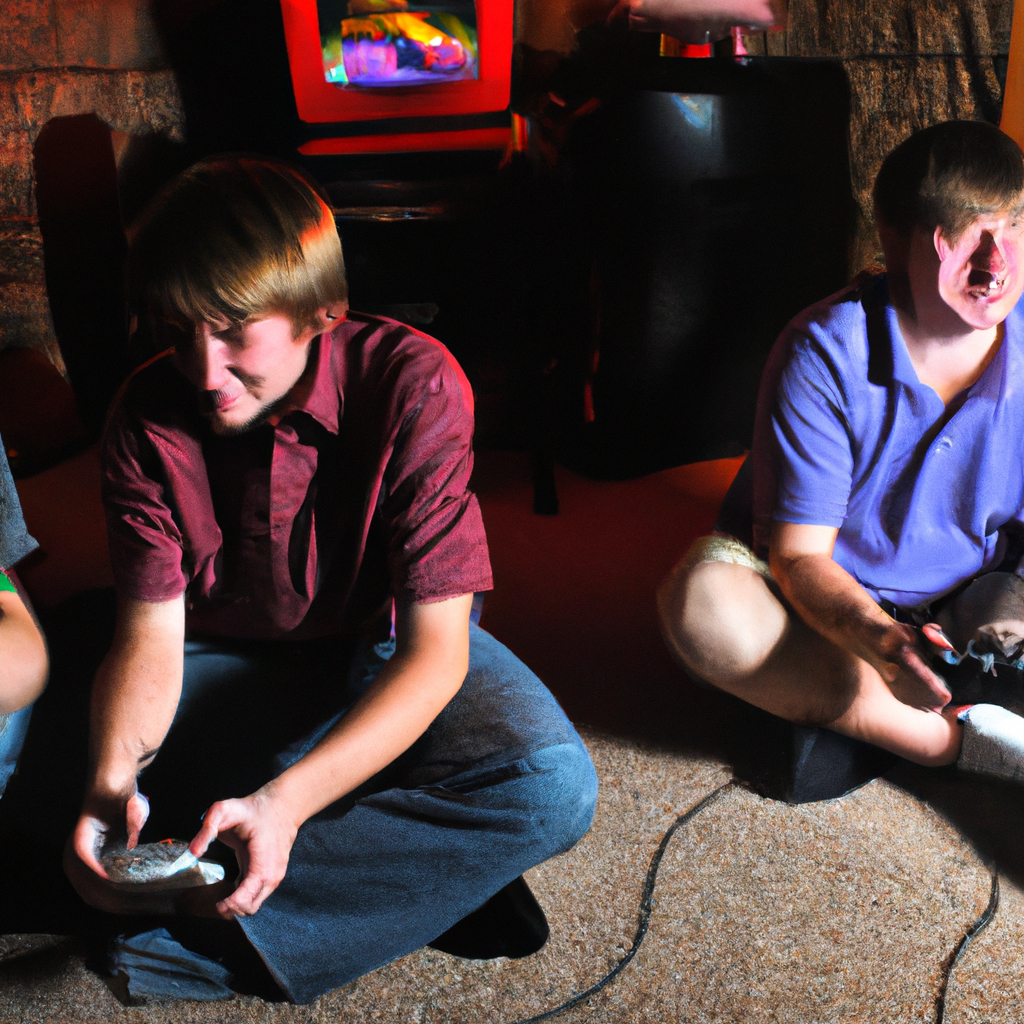 Teenagers in the 90s playing video games in a basement | OpenArt