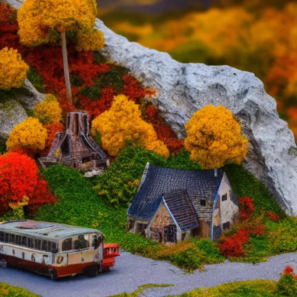 miniature world in a box on a desk, autumn, at night... | OpenArt
