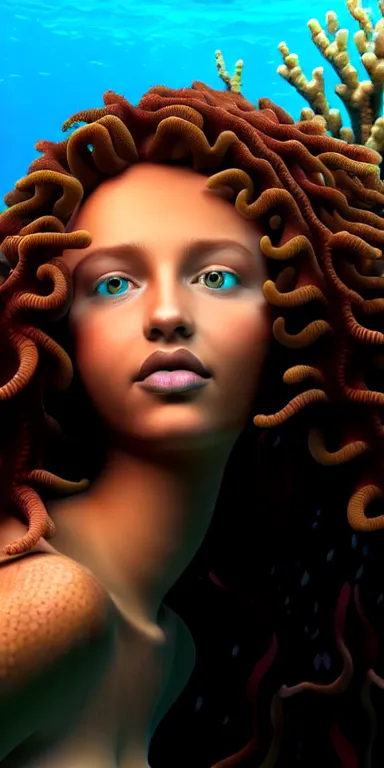 Brown Mermaid with curly hair and gills in a coral r... | OpenArt