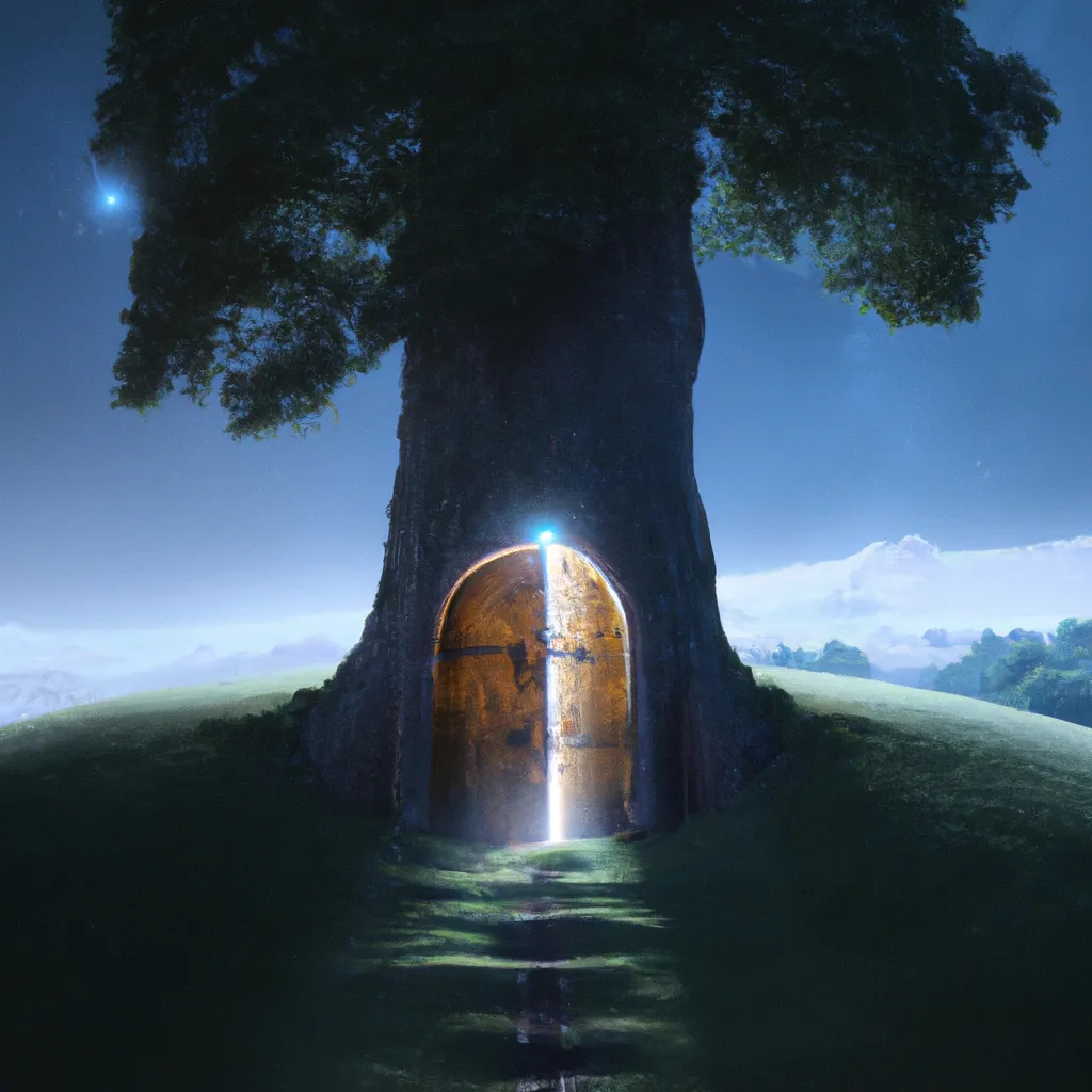 an oak tree with a magical door, a luminescent path...