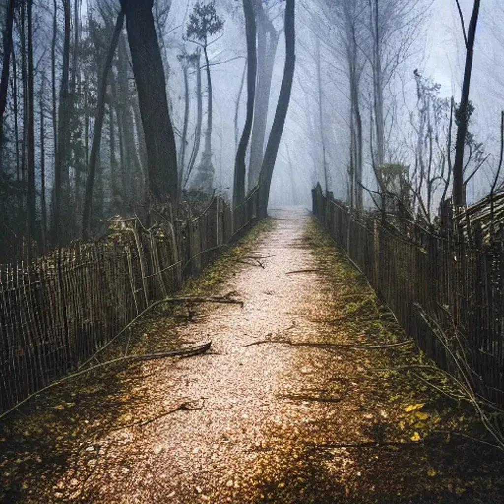 stone path through birch forest, creepy people, fog,... | OpenArt