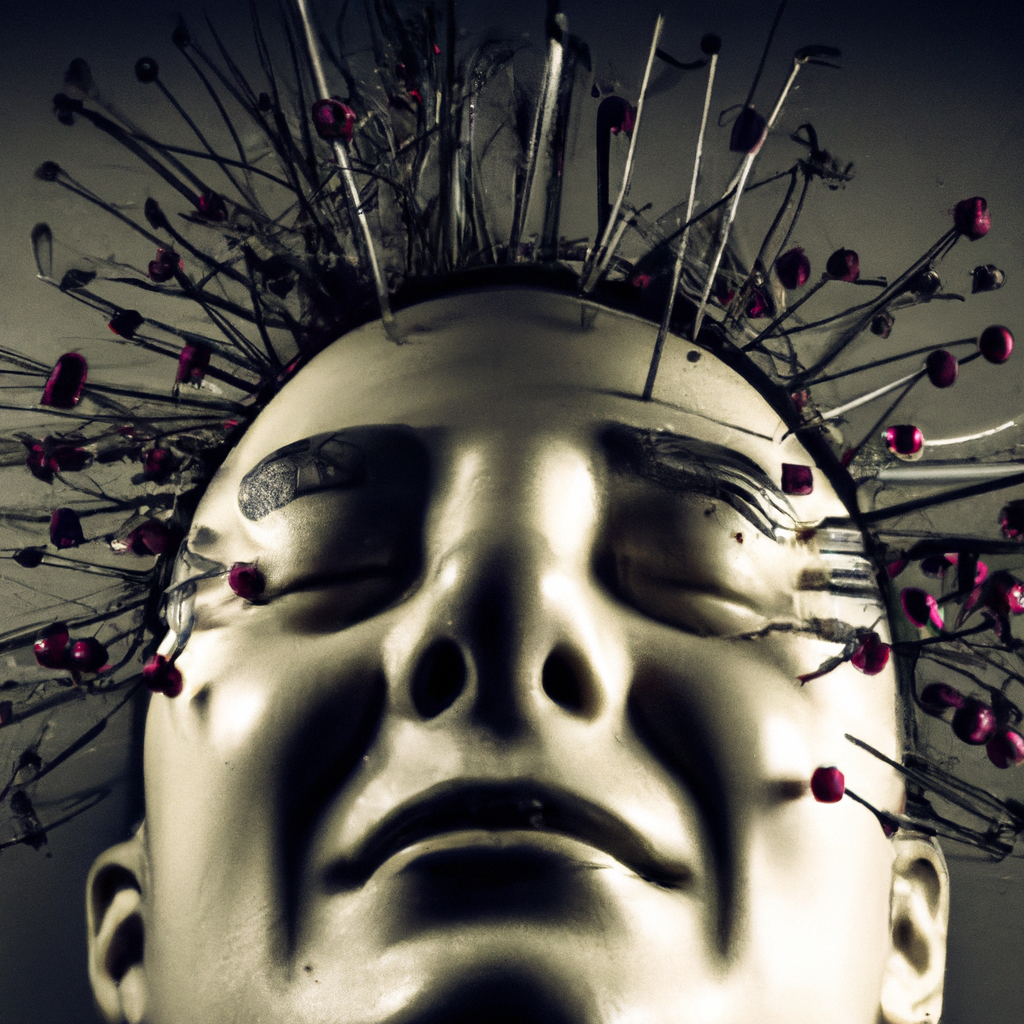 a close up of a human head with pins sticking into i... | OpenArt