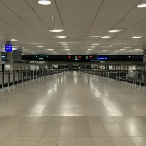 An empty liminal airport at night with infinite rows... | OpenArt