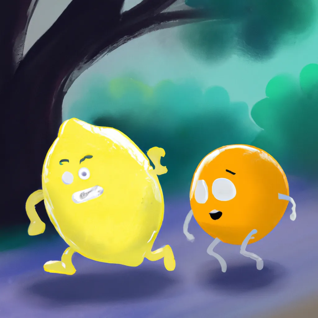 a scared large, cute lemon running away from a ghost...