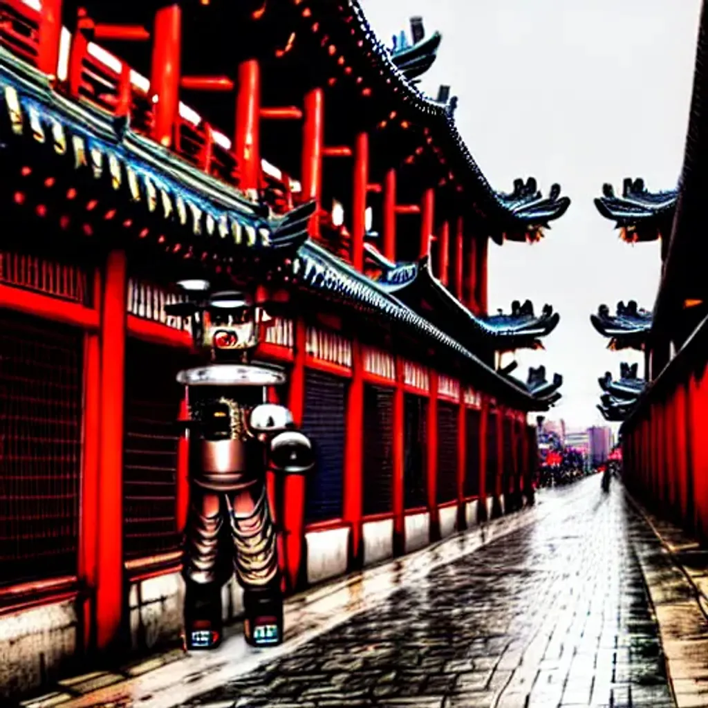 Chinese city with steampunk robots and locomotives i... | OpenArt