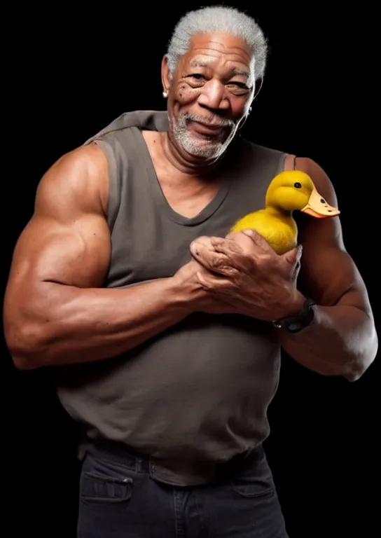 Morgan Freeman holding a duck, yolked, muscle, 4K, 8... | OpenArt