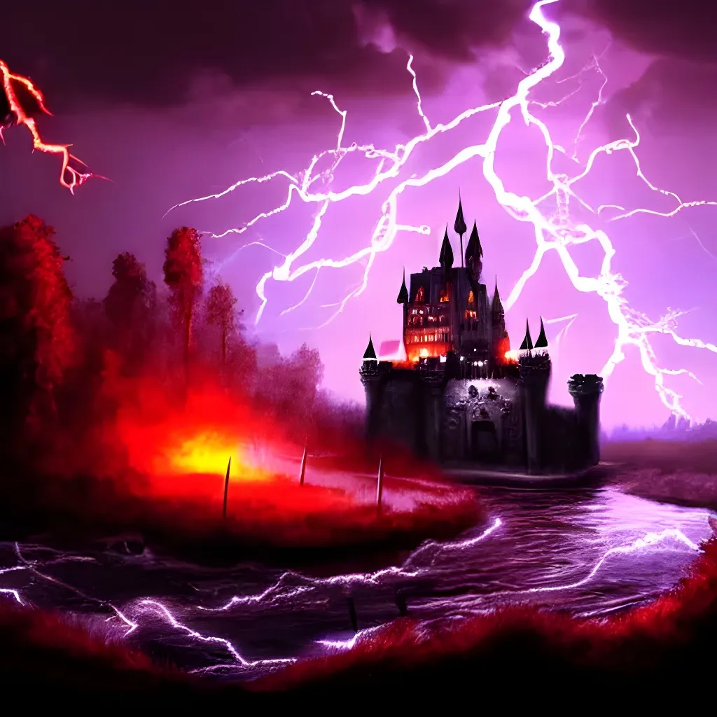 river of blood and lightning. castle on the side of... | OpenArt