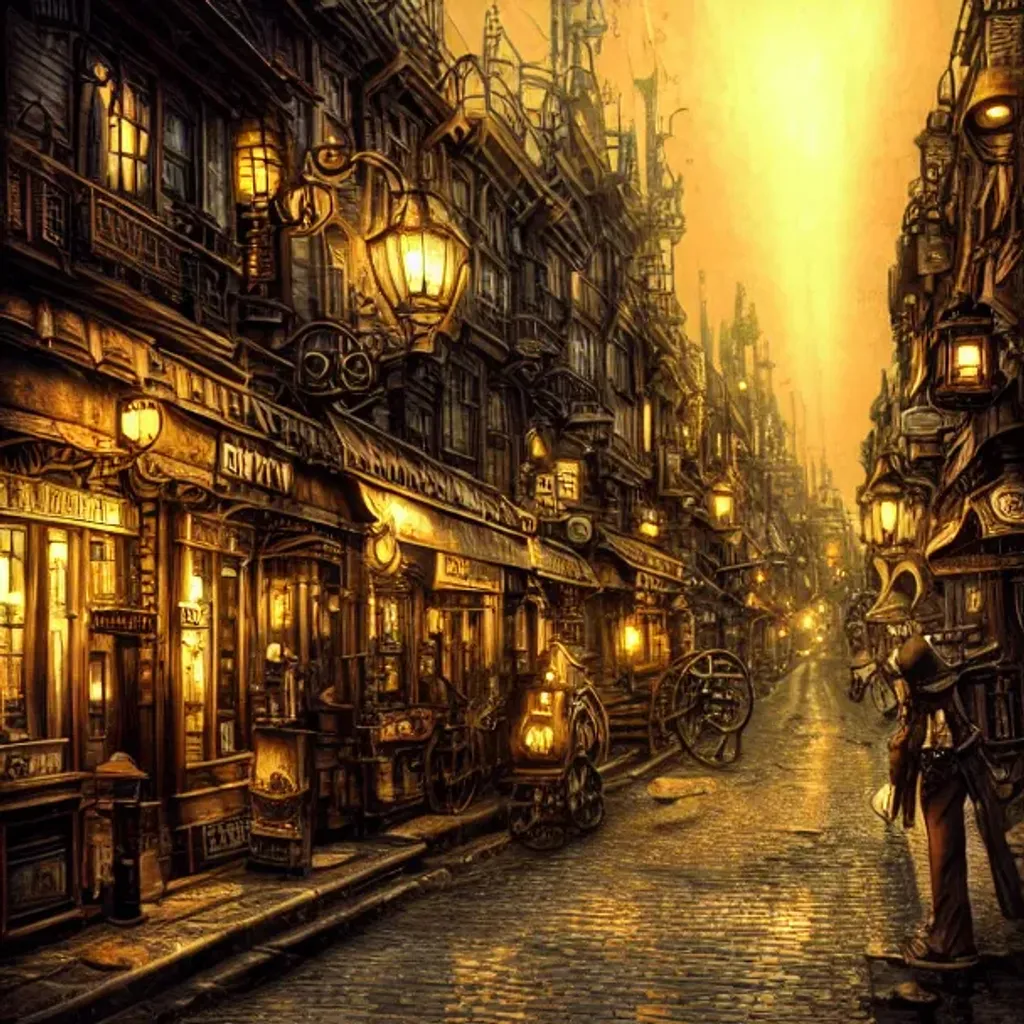 town, beautiful street, Wood, metal, steampunk, cloc... | OpenArt