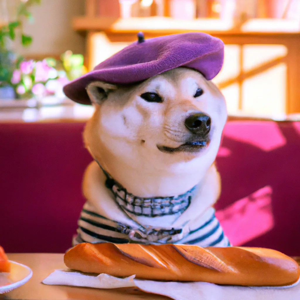 a shiba inu wearing a purple beret in a diner eating... | OpenArt