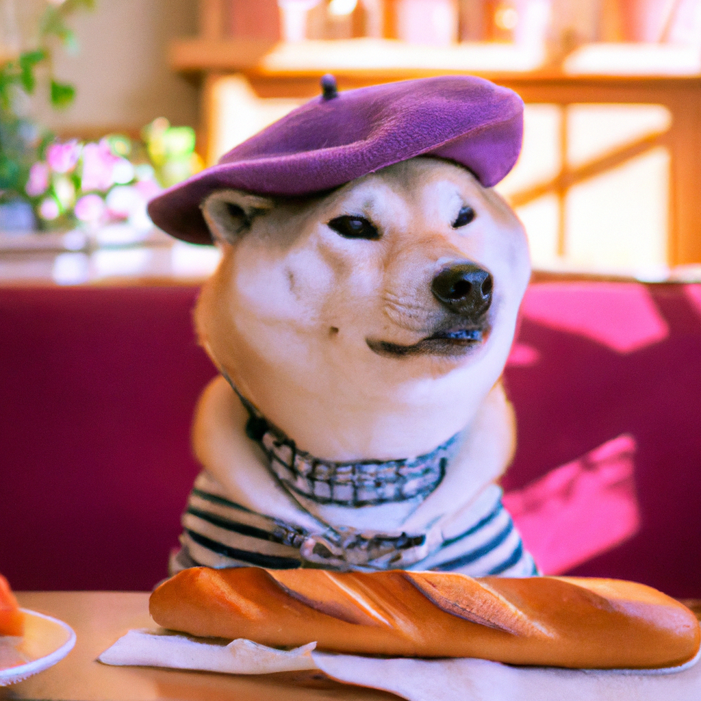 a shiba inu wearing a purple beret in a diner eating... | OpenArt