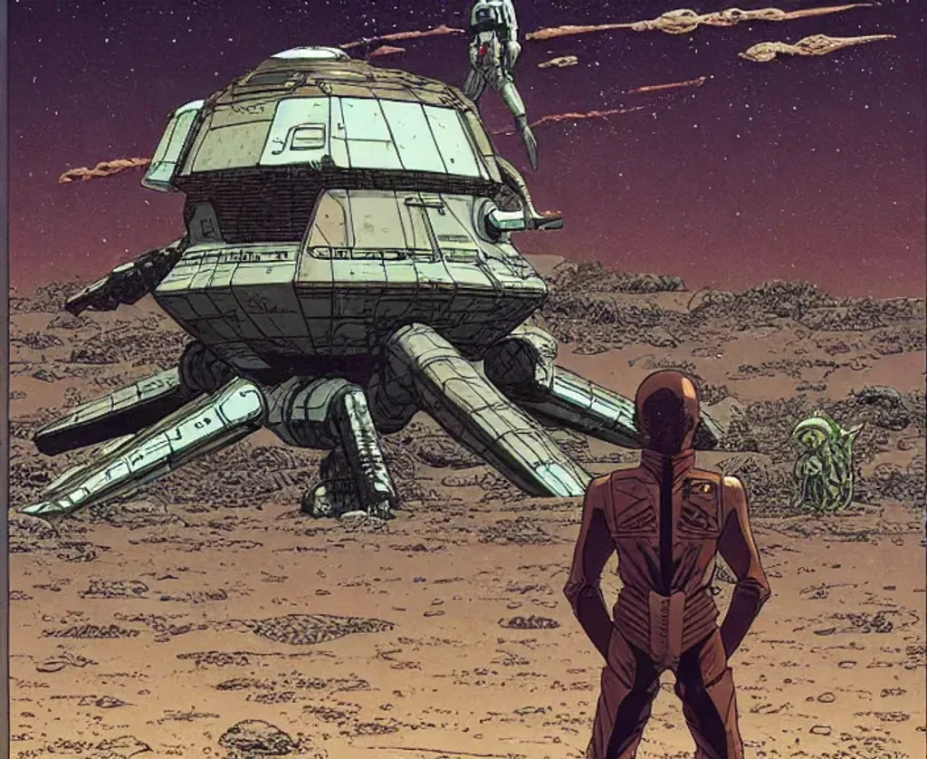 Man with long dark hair standing in alien dessert ne... | OpenArt