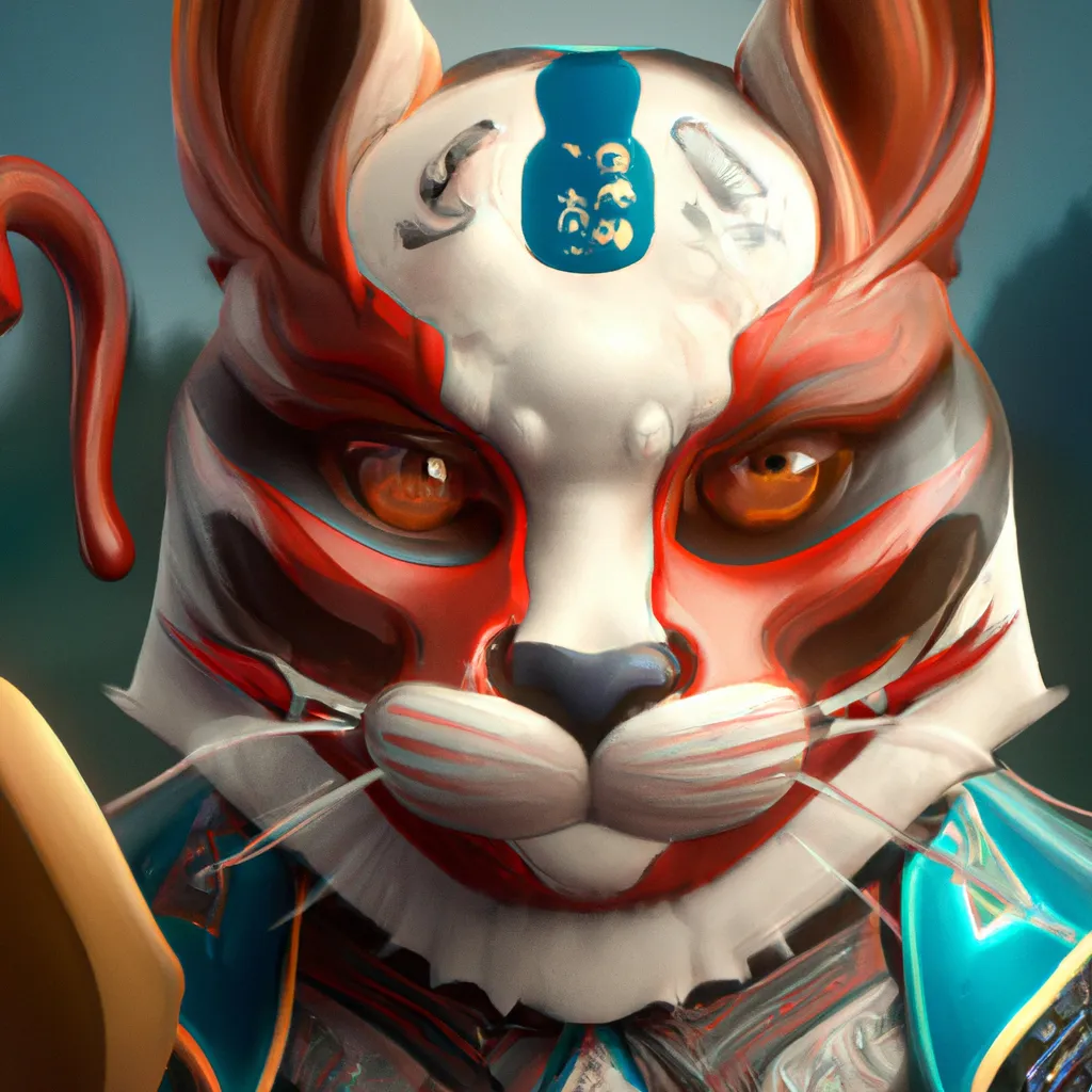 a close up of a cat wearing a Japanese oni mask, a c... | OpenArt