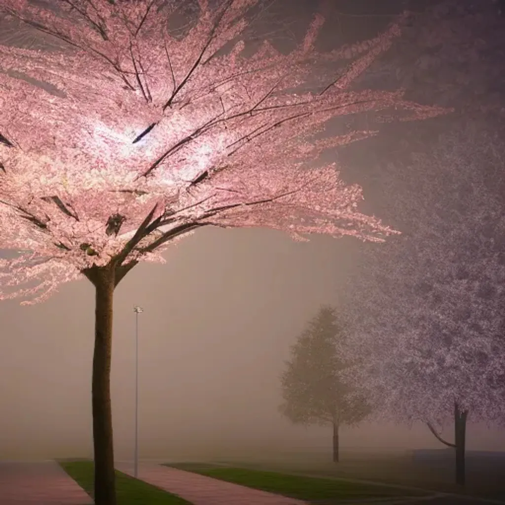 low poly cherry blossom tree in the fog at night, wi... | OpenArt