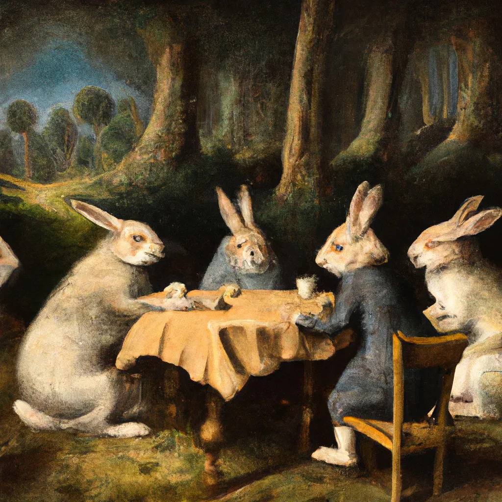 1800s painting of rabbits ,sitting around a round ta...