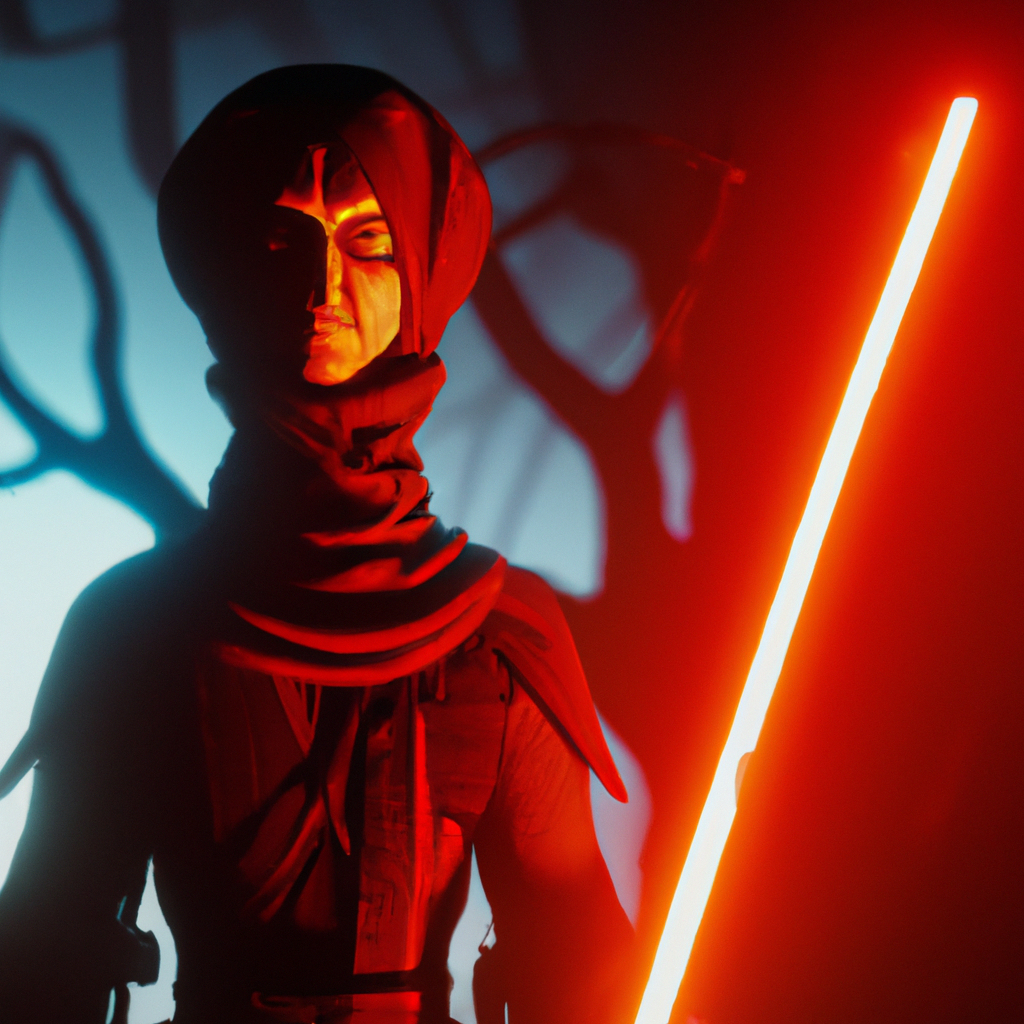 an inquisitor outfit from Star Wars with a red light...