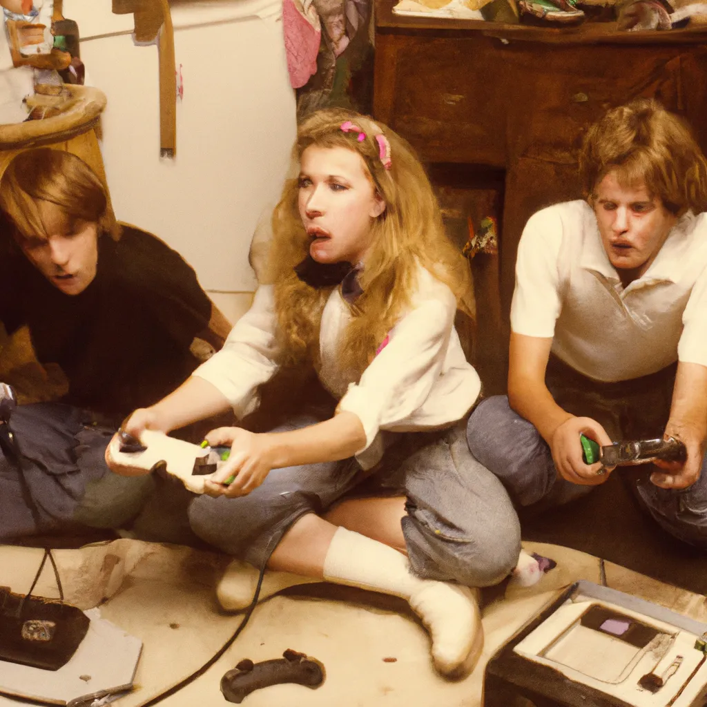 Teenagers in the 90s playing video games in a basement | OpenArt