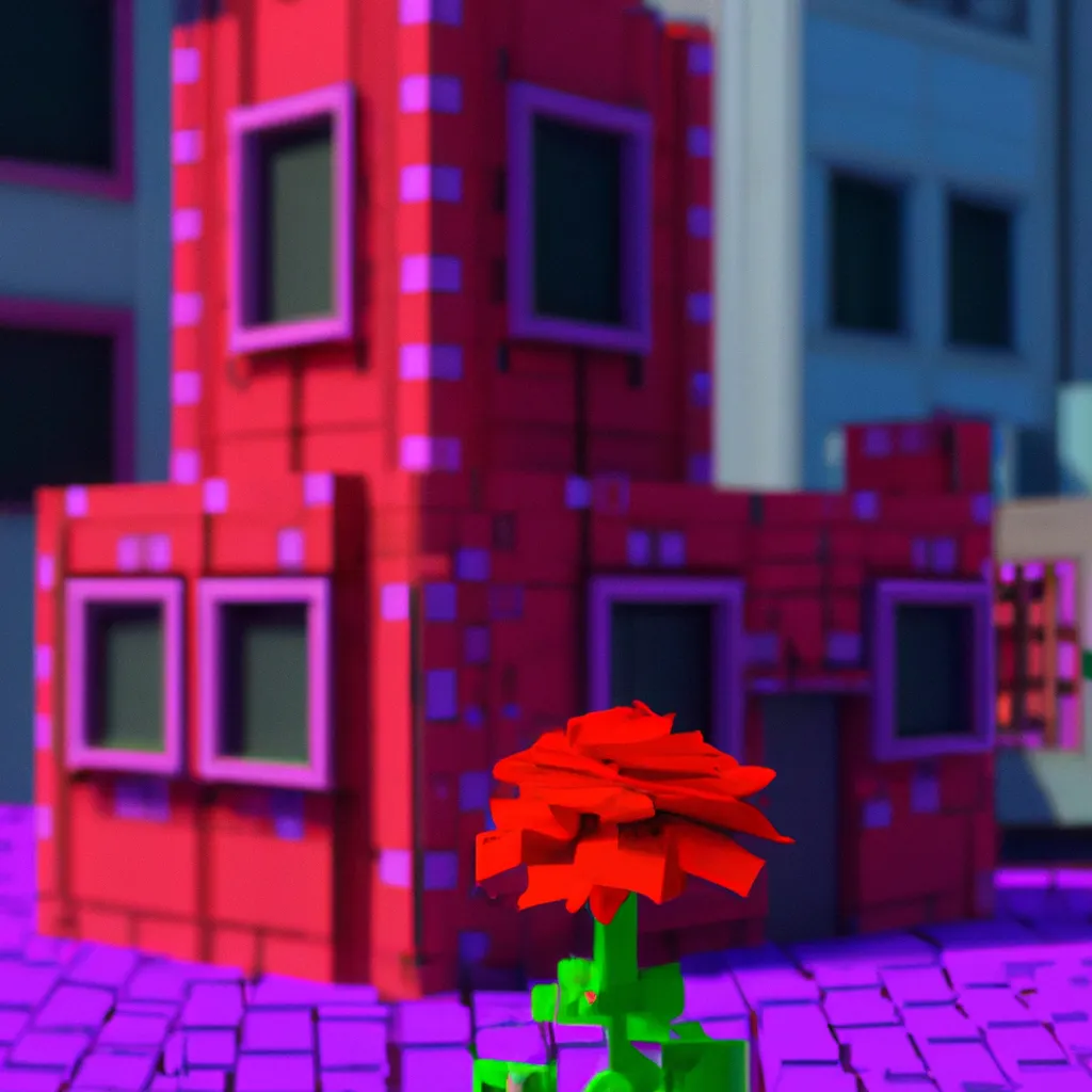 Red building with a purple flower in front of it, pi... | OpenArt