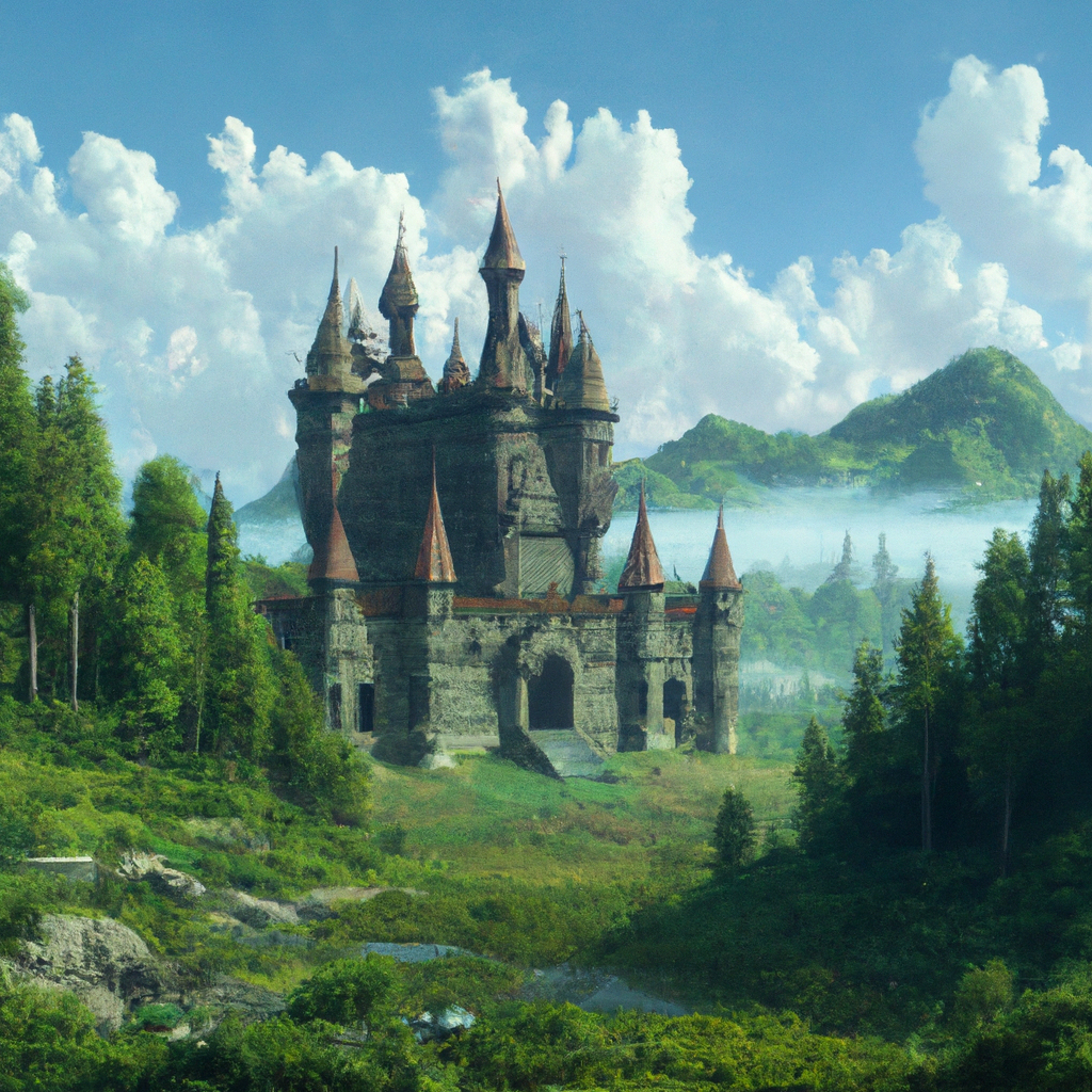 a painting of a castle in the middle of a forest, a... | OpenArt