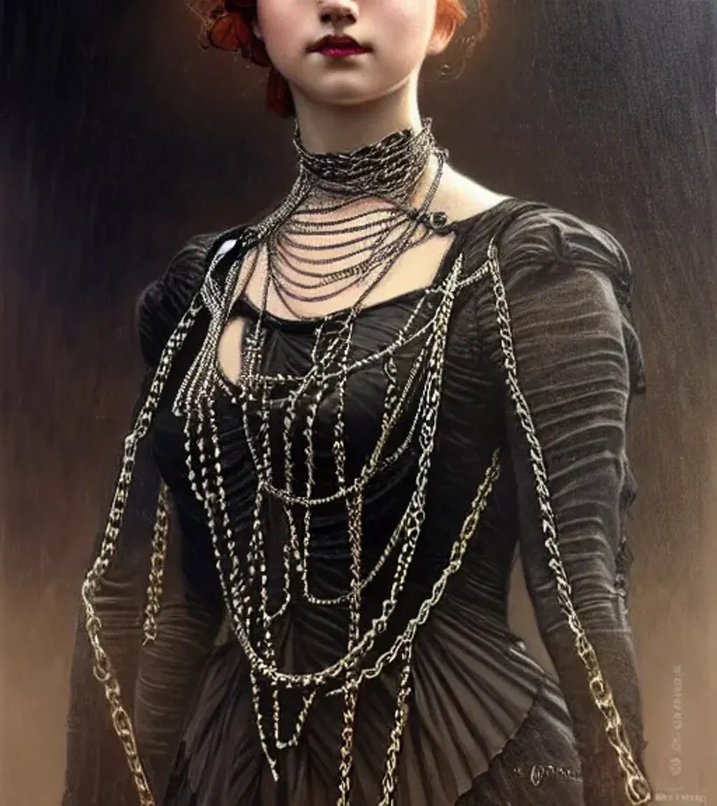 victorian dress made out of tight spiked chains. bou... | OpenArt