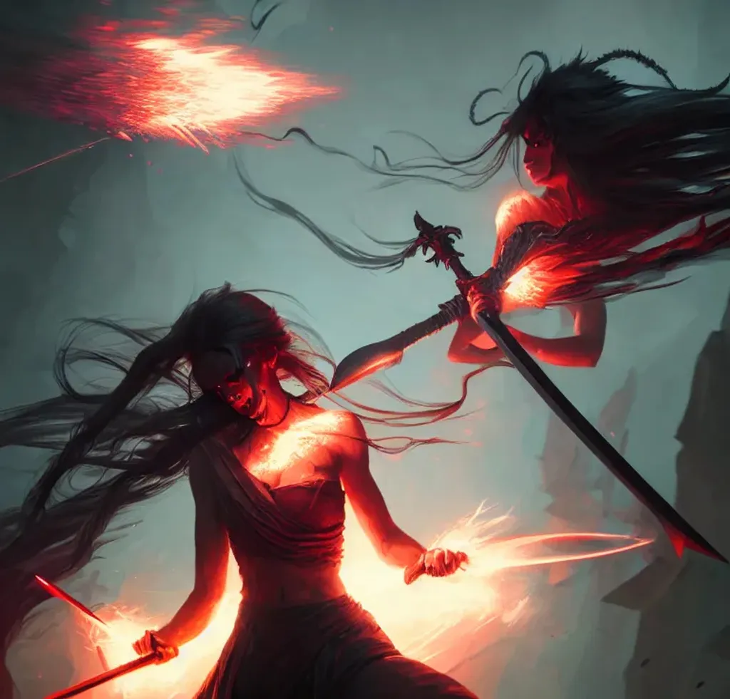 Portrait of a demon girl with two swords unleashing... | OpenArt